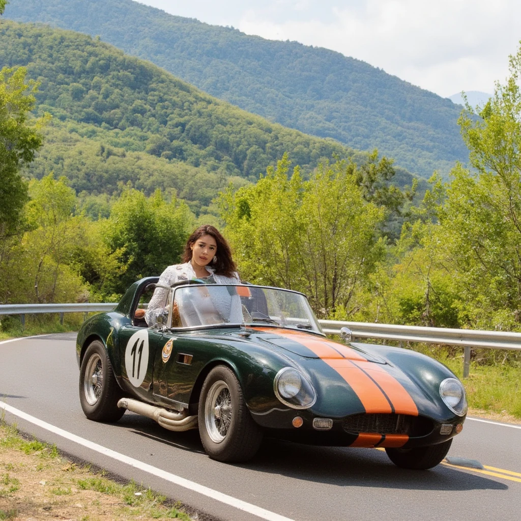 Woman driving a vintage sports car, covered gigantic breasts - SeaArt AI