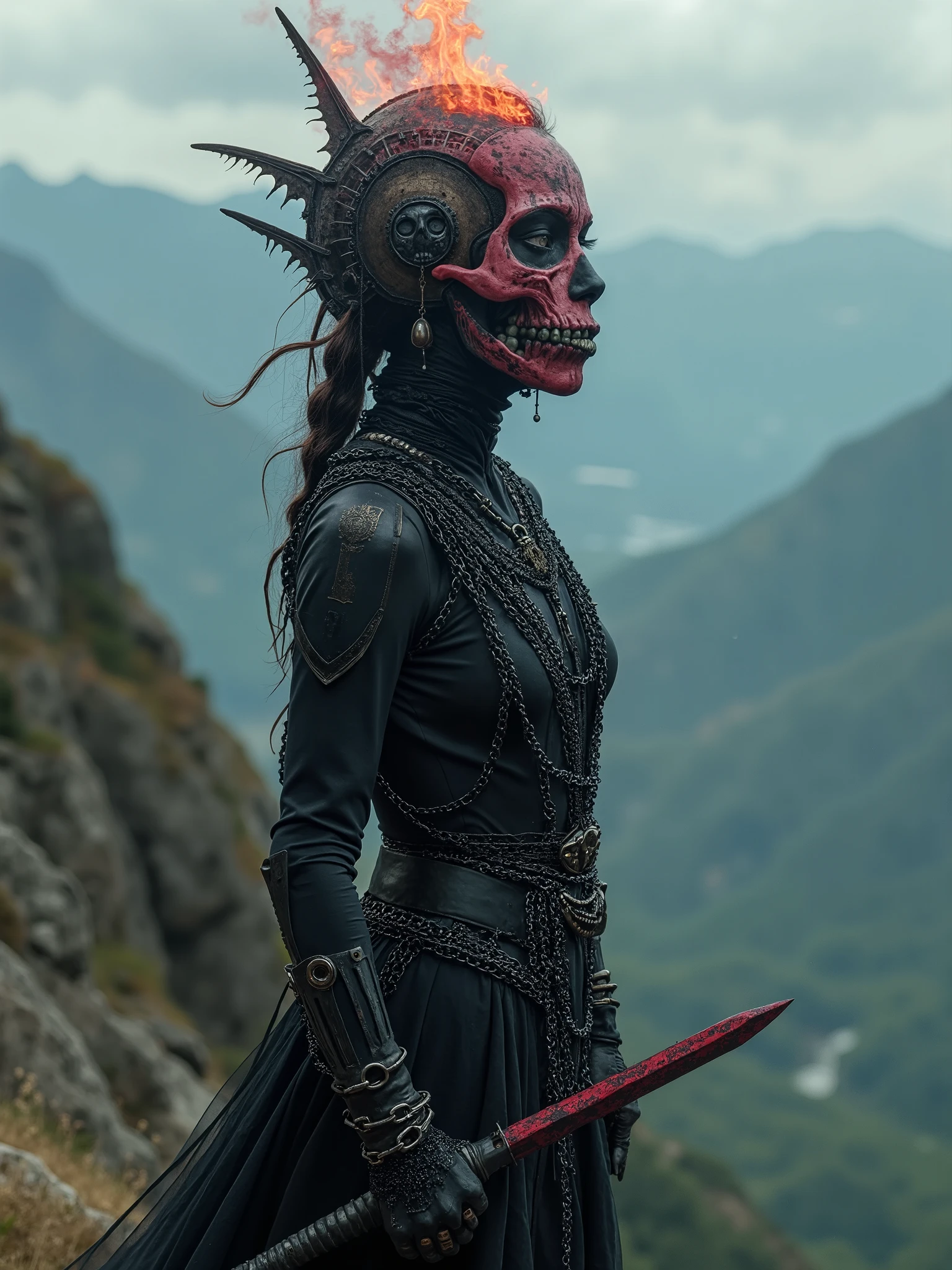 Arafed woman in a black dress with a red skull and a sword - SeaArt AI