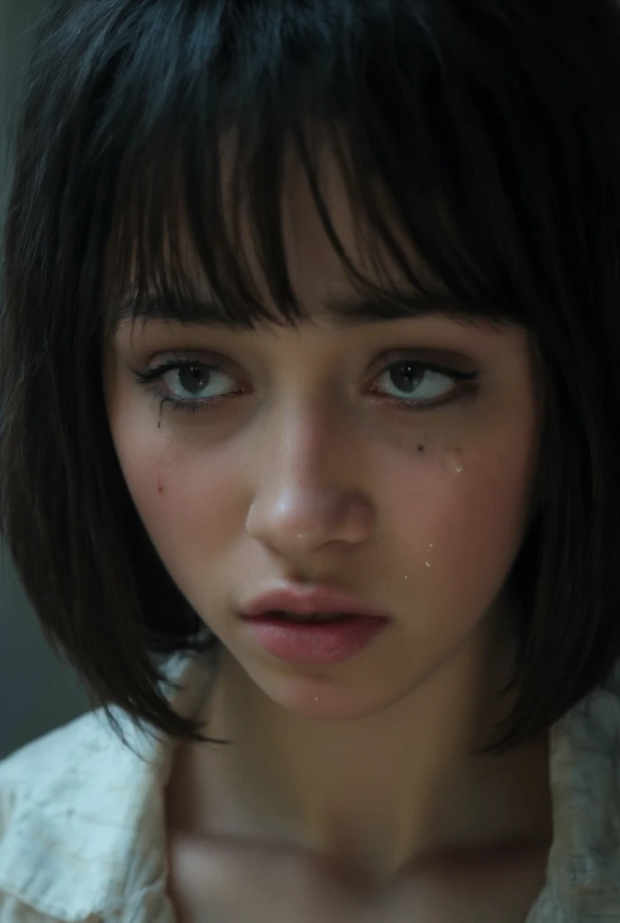 Close up, photo quality, girl 20 years old crying, biting lower lips ...