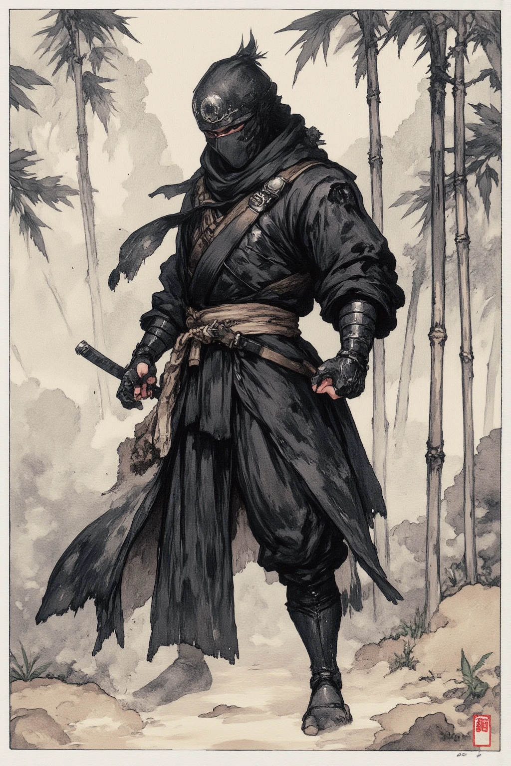 There are ninja Sumi paintings in the bamboo grove , scarf（Ninja scarf ...