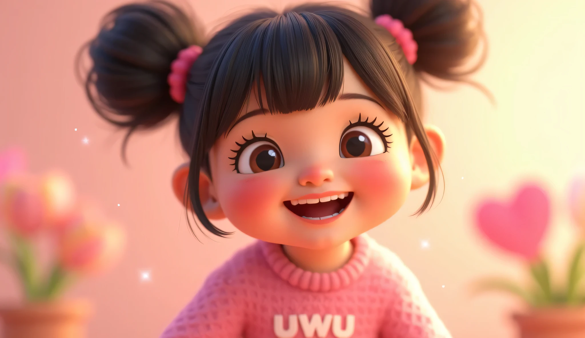 A close up of a cartoon girl with a pink sweater and pink flowers ...