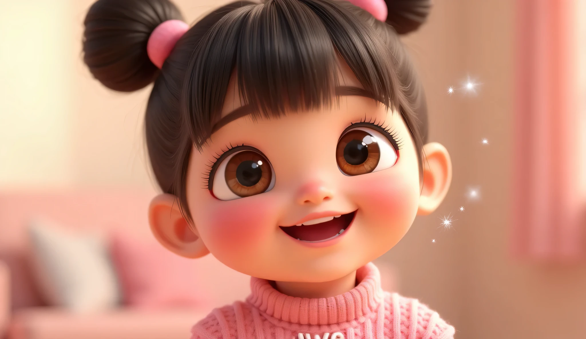 Cartoon girl with a pink sweater and black hair smiling - SeaArt AI