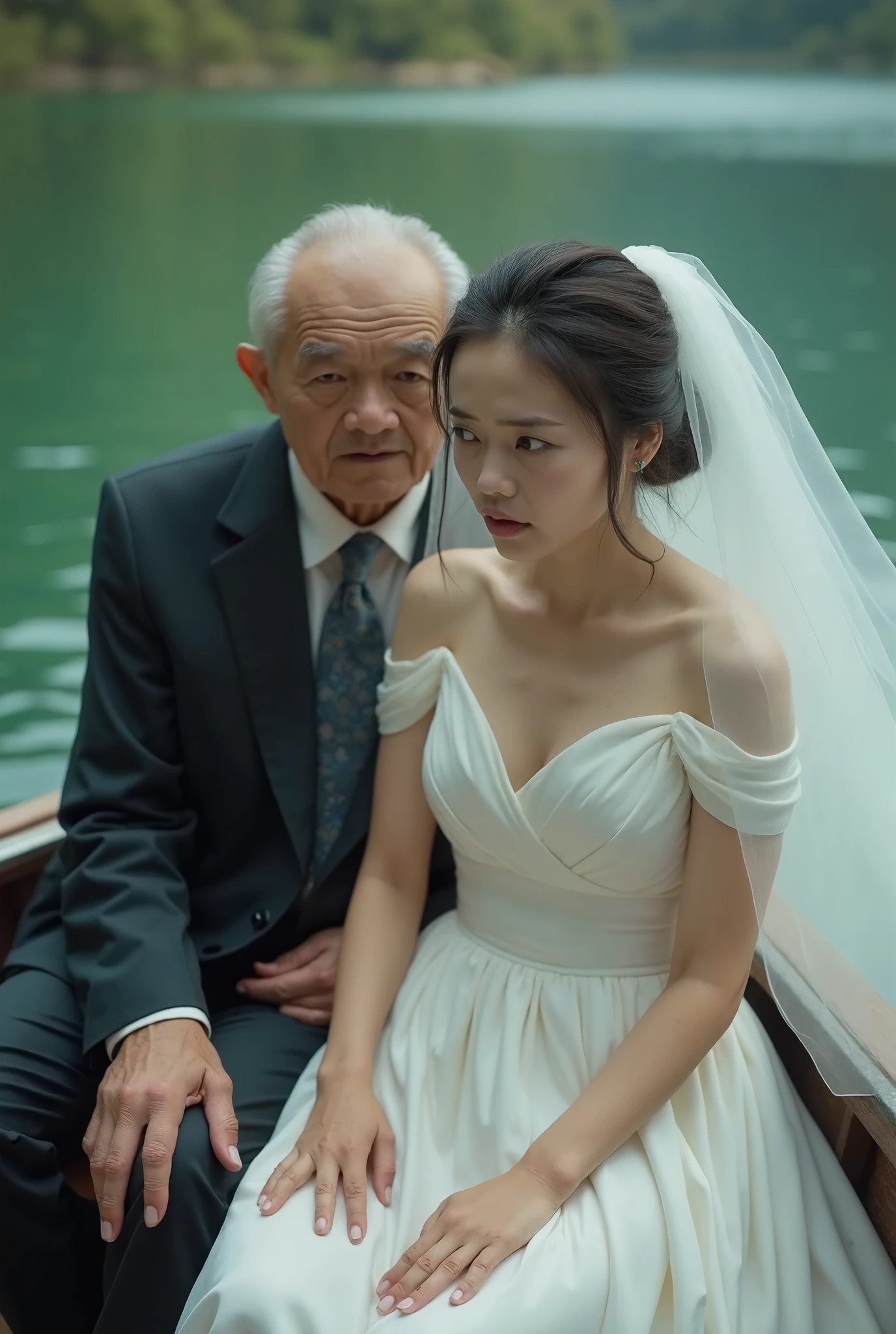 Bride and groom sitting on a boat in a lake - SeaArt AI