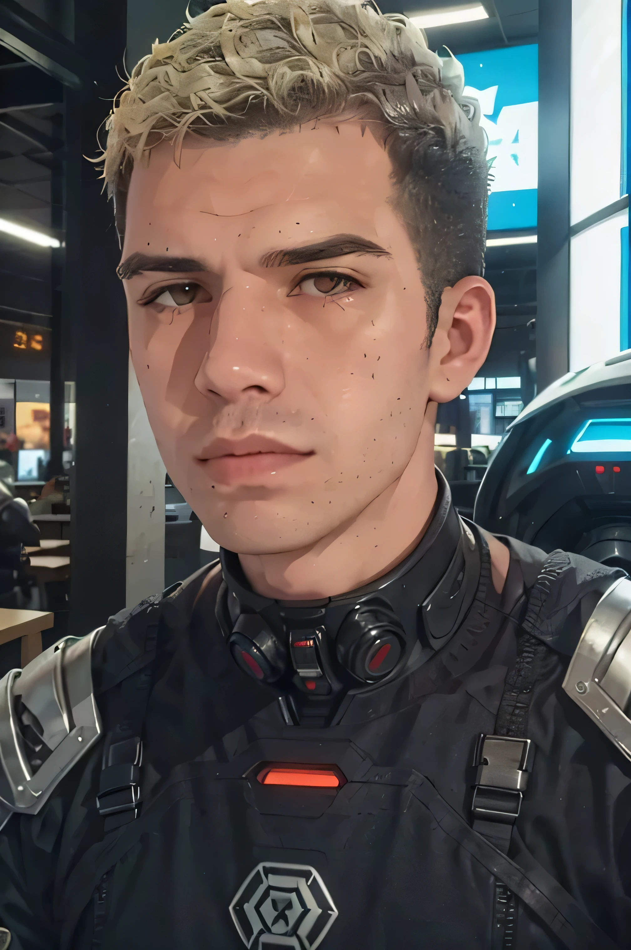 There is a man wearing a helmet and a jacket in a building - SeaArt AI