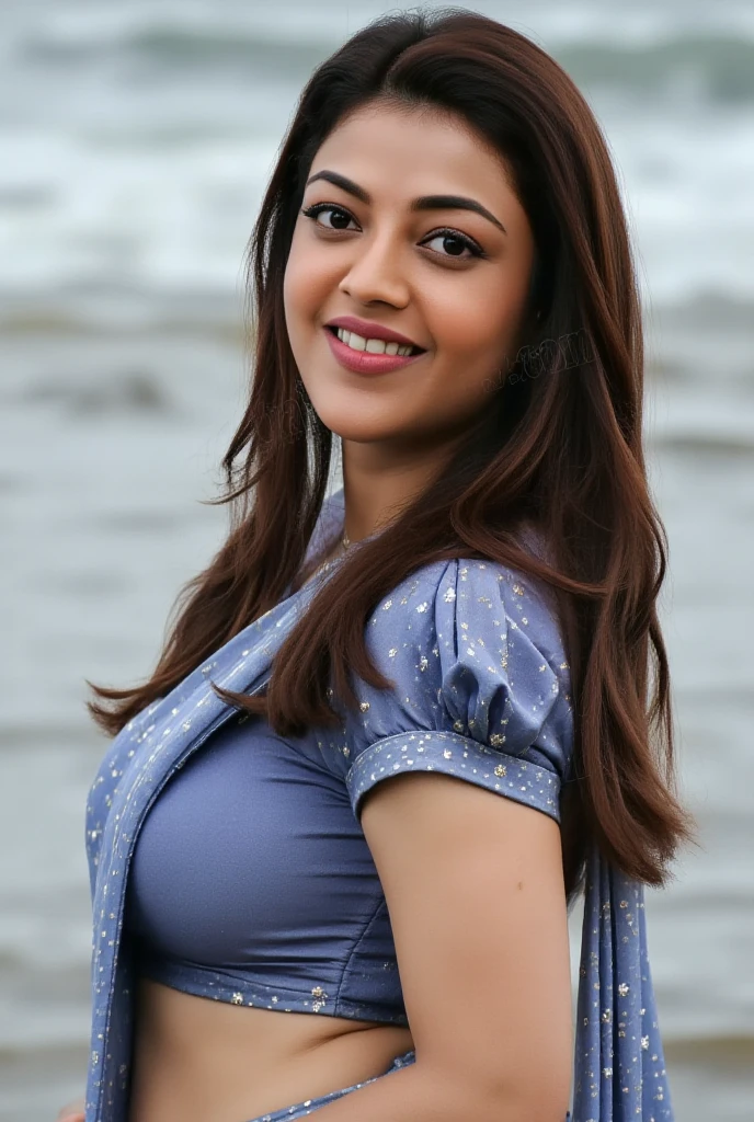 Sensual pose in saree, sea waves and white sand in background - SeaArt AI