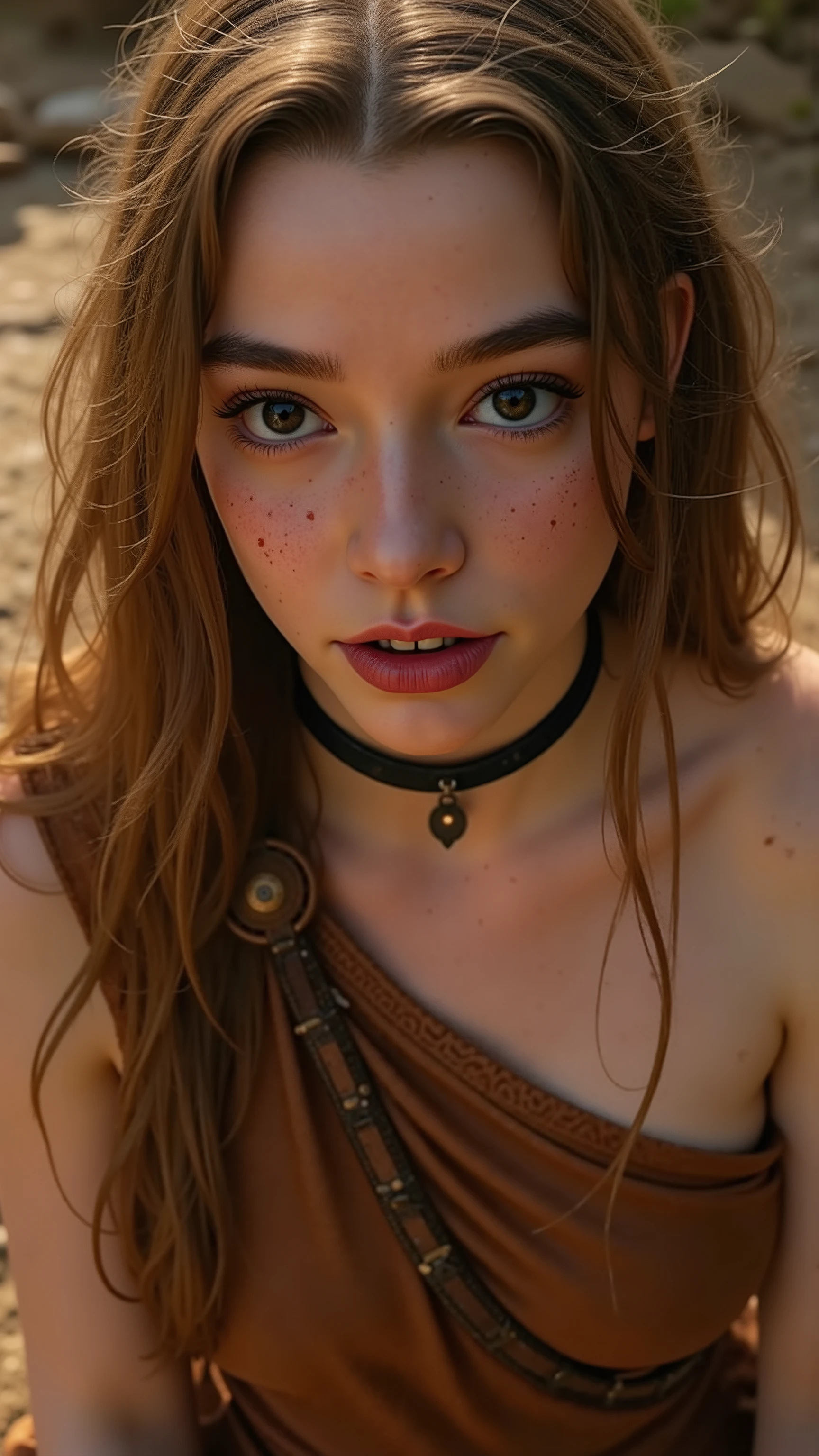 Arafed woman with freckles and a choke on her neck - SeaArt AI