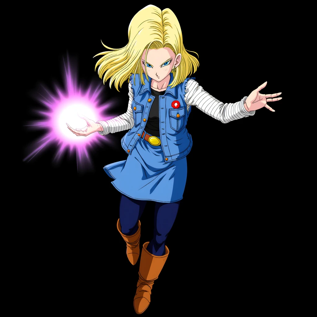 " Android 18 of Dragon Ball in a dynamic pose , throwing a bright blue ...
