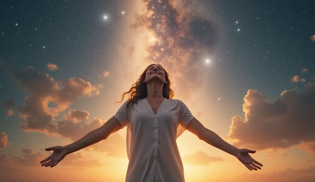 A woman with open arms under an illuminated sky, feeling peace and balance - SeaArt AI
