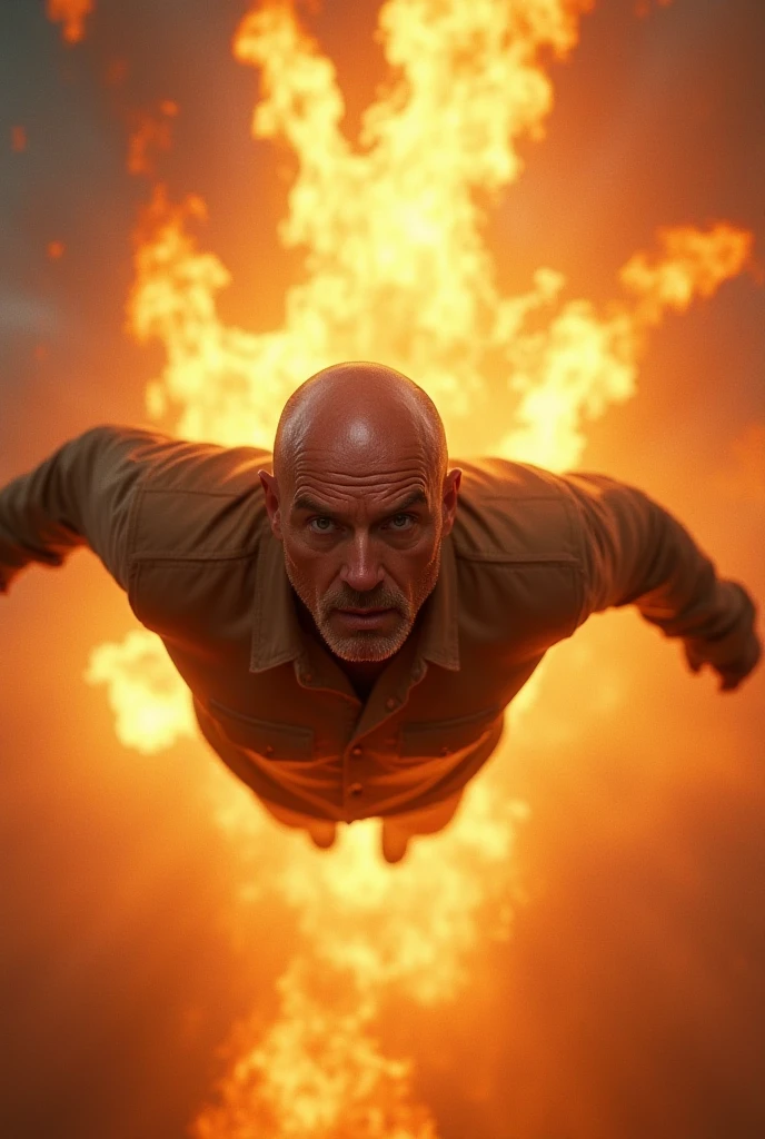 Bald man flying through a flaming fart - SeaArt AI