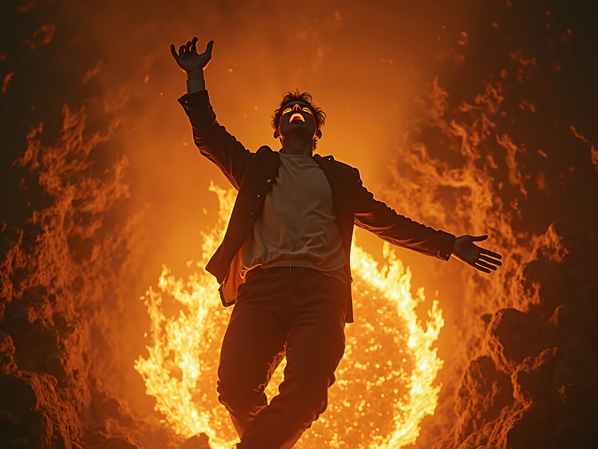 Flames surround a man in a suit and tie as he stands in front of a fire ...