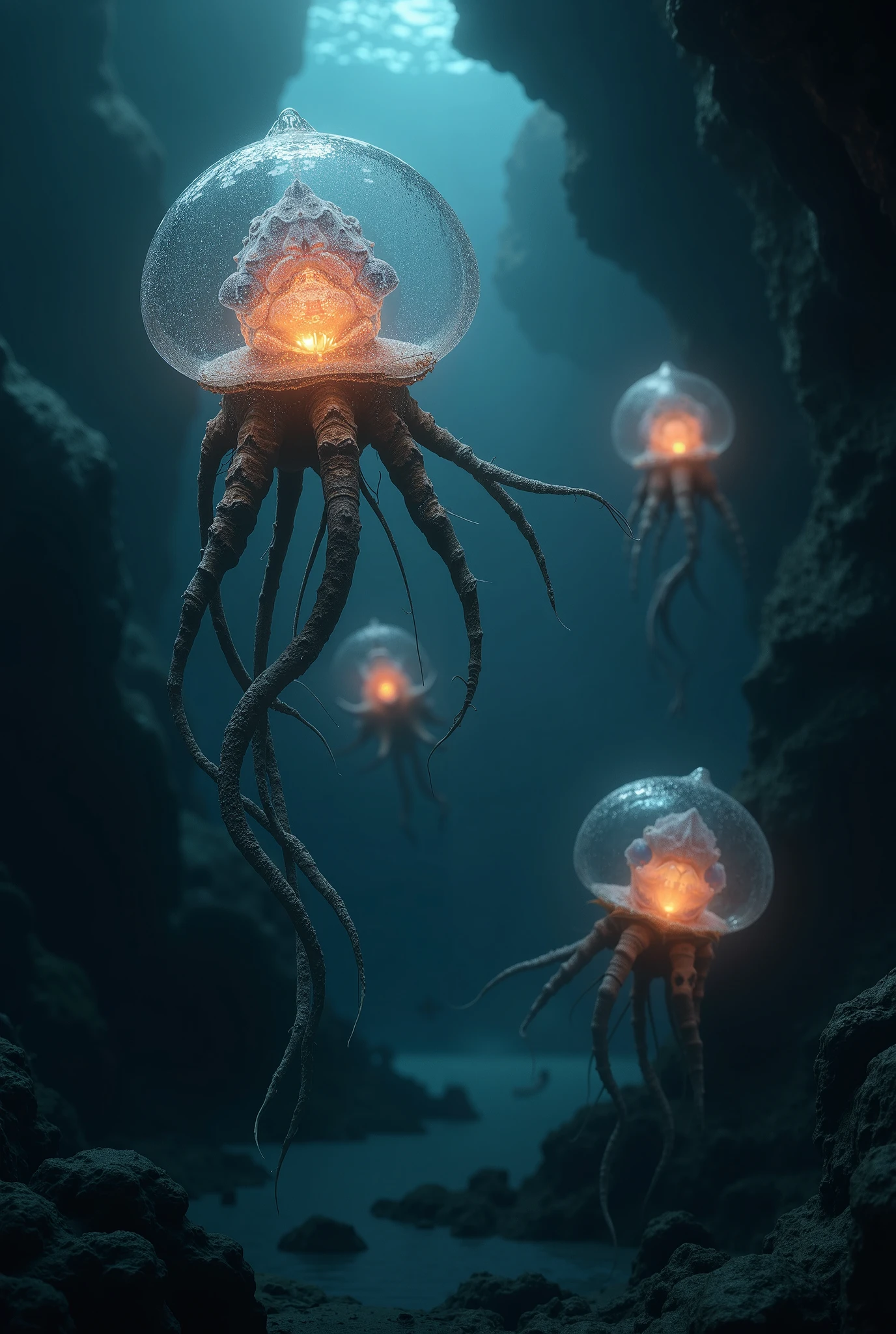 There are jellyfishs floating in the water with glowing lights - SeaArt AI