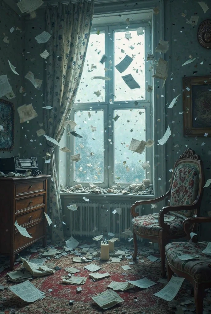 Room messed up by the wind with windows open inward in a storm - SeaArt AI