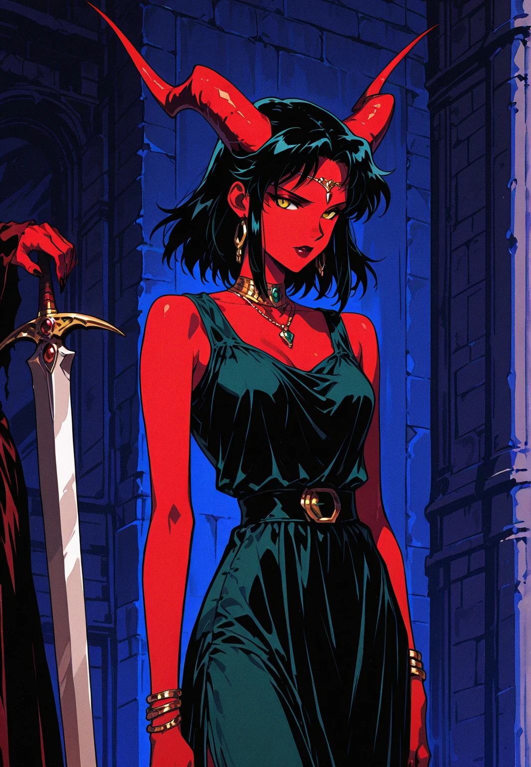 demon girl , red skin, camisilla, Horns , elegant clothes, average ...