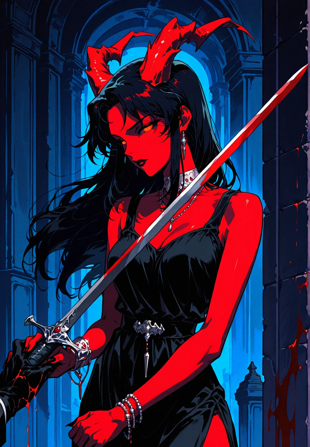 demon girl , red skin, camisilla, Horns , elegant clothes, average ...
