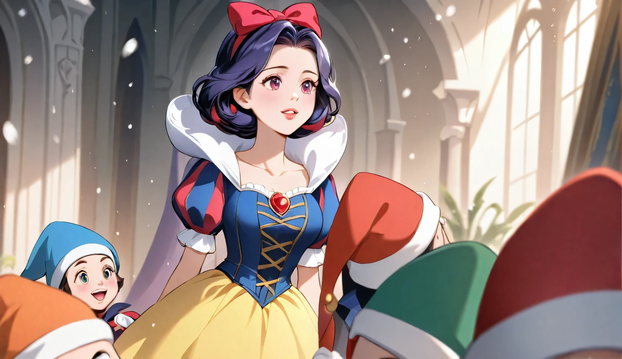 There is a cartoon picture of a snow white and elves - SeaArt AI