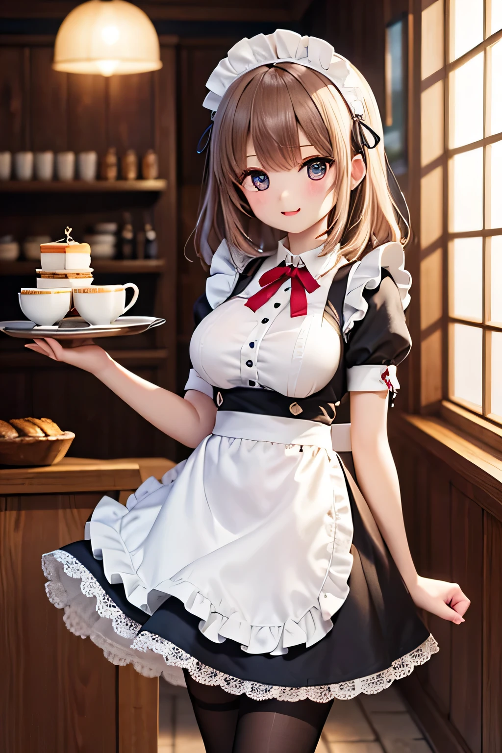 There is a woman in a maid outfit holding a tray of food - SeaArt AI