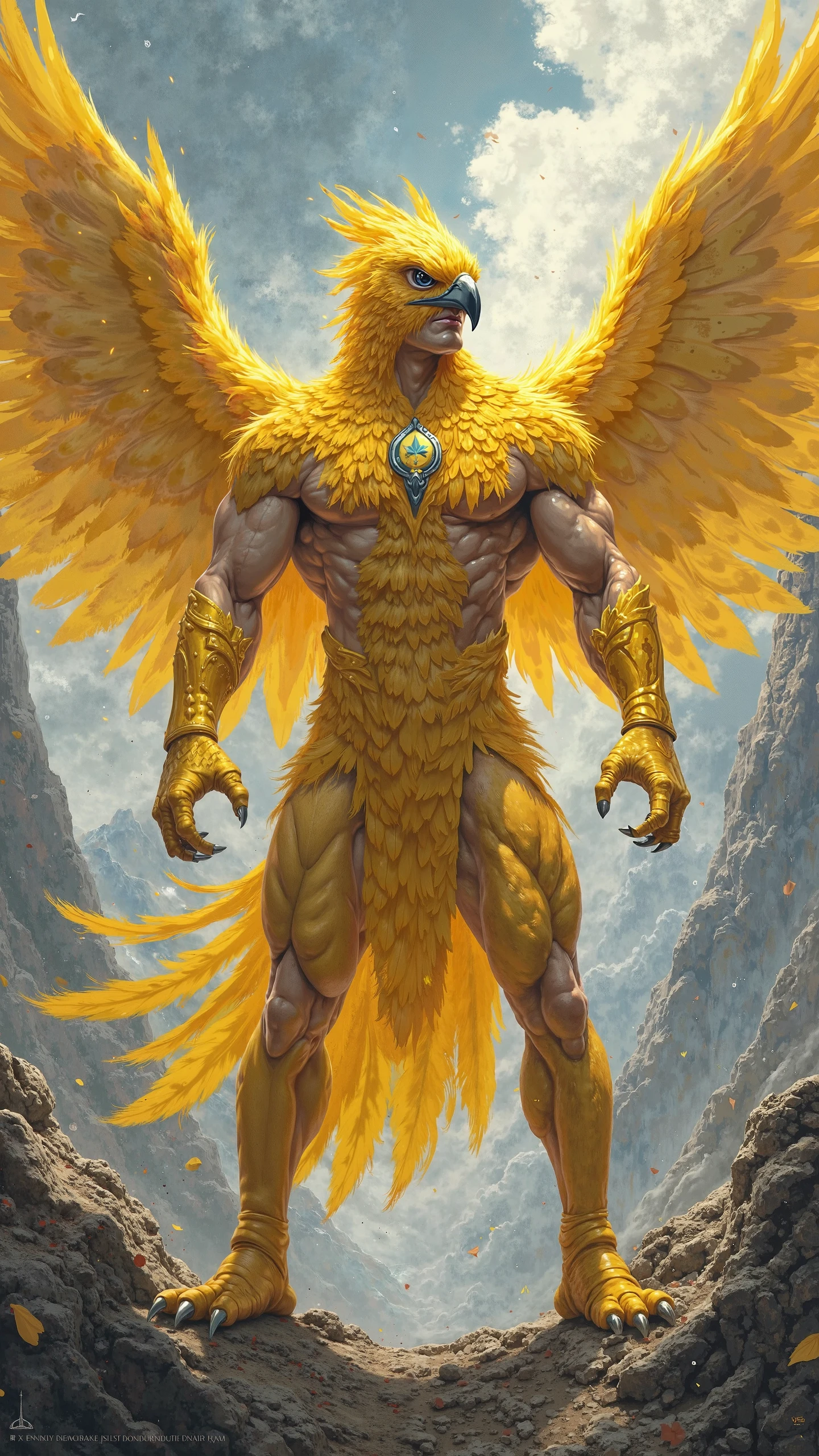 A close up of a yellow bird with wings on a rock - SeaArt AI