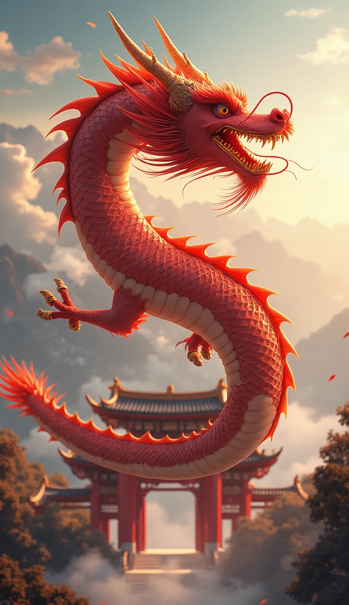 There is a dragon statue in the middle of a chinese building - SeaArt AI