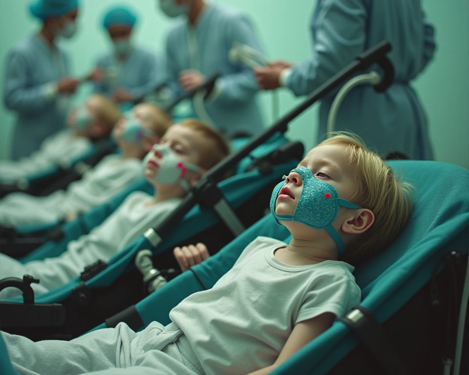 Many ren buckled in strollers as their nurses place a multicolored ...