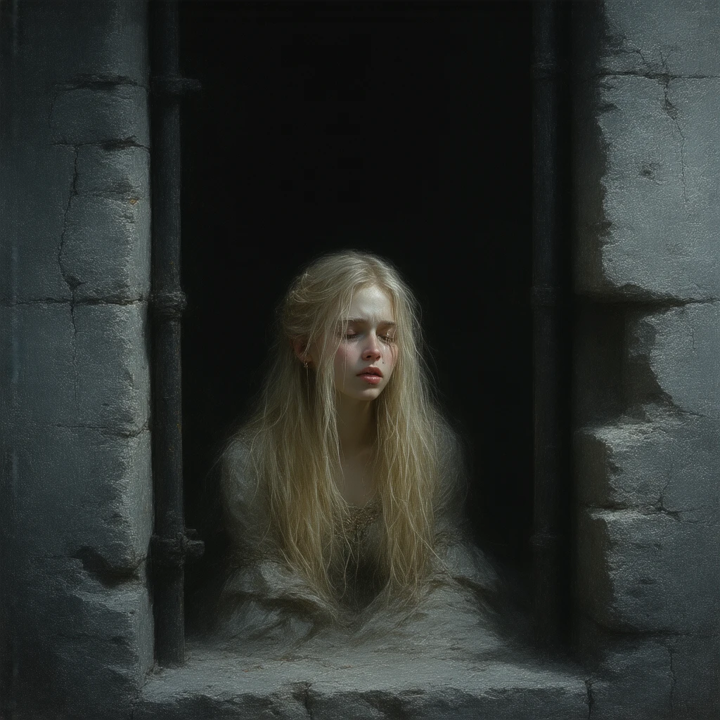 A princess locked in a tower cell, room, blonde, xrying , tears down ...