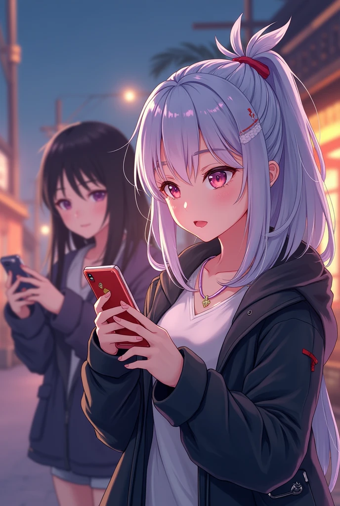 Anime characters are looking at their phones in a game, award - SeaArt AI