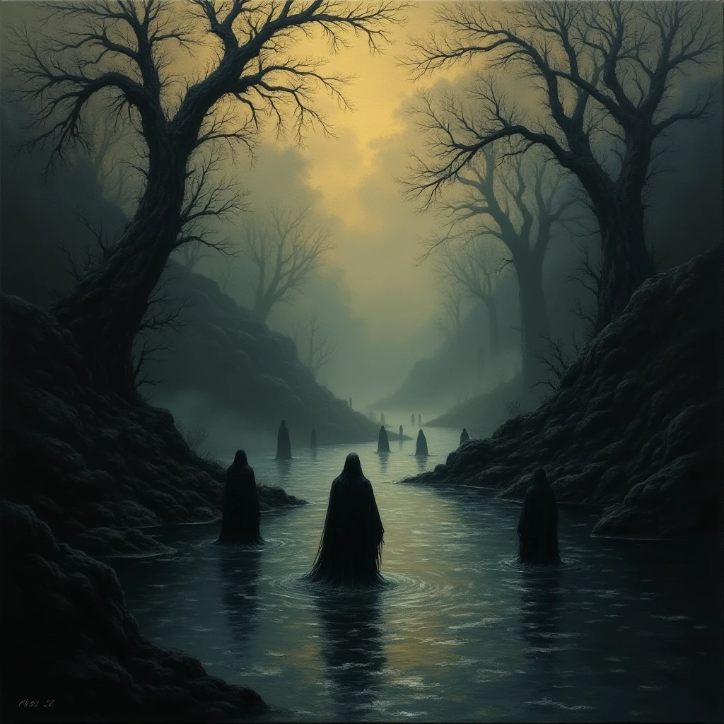 The river styx underworld, oil painting, done with japanese brush ...
