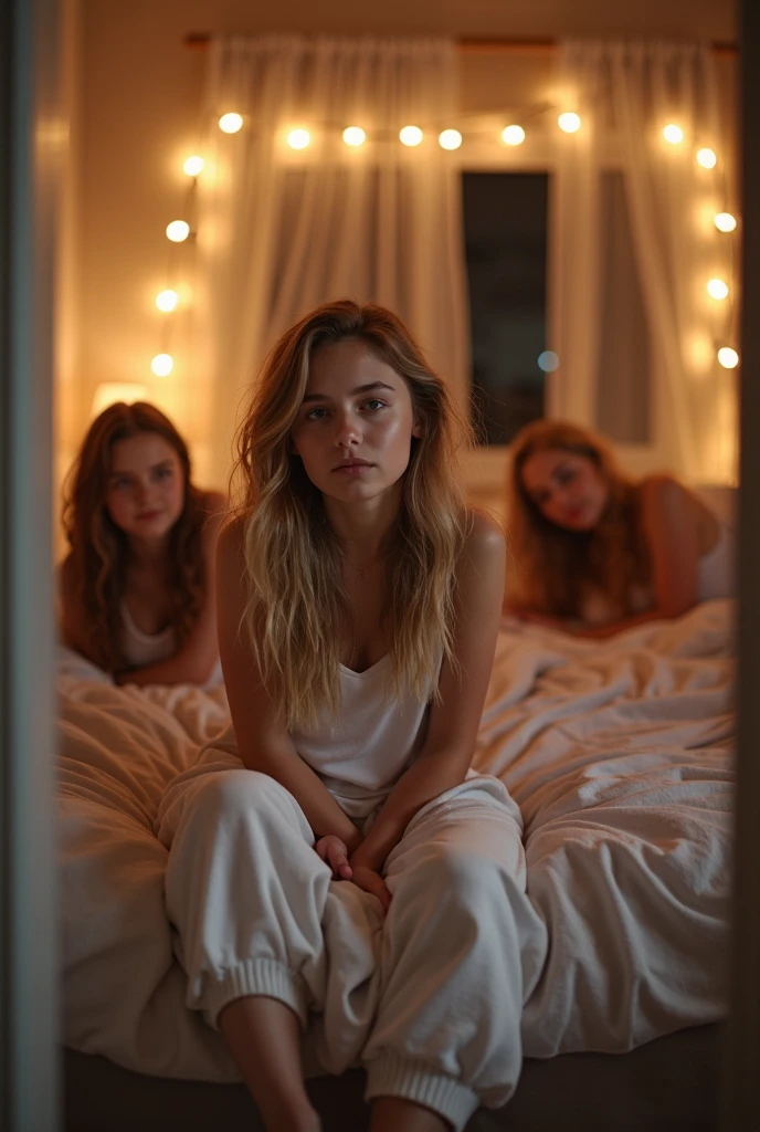 A cozy sleepover scene featuring a group of five pretty Swedish age ...