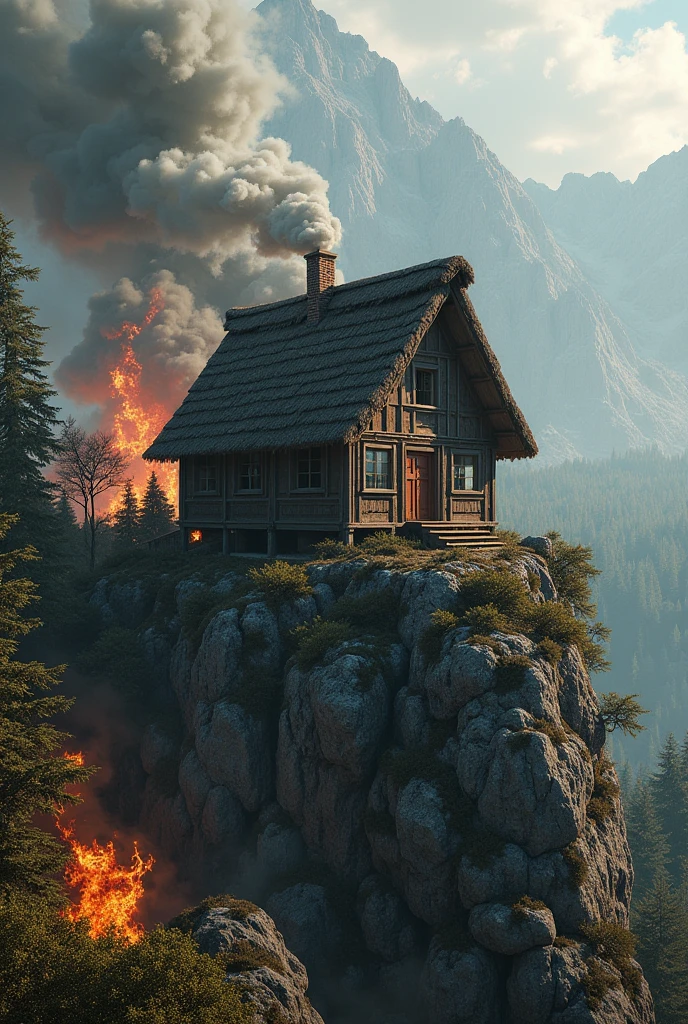 A realistic picture of a big hut on top of a mountain with trees around ...