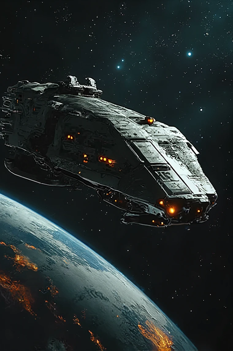 Spaceship flying over the earth in space with a star in the background ...