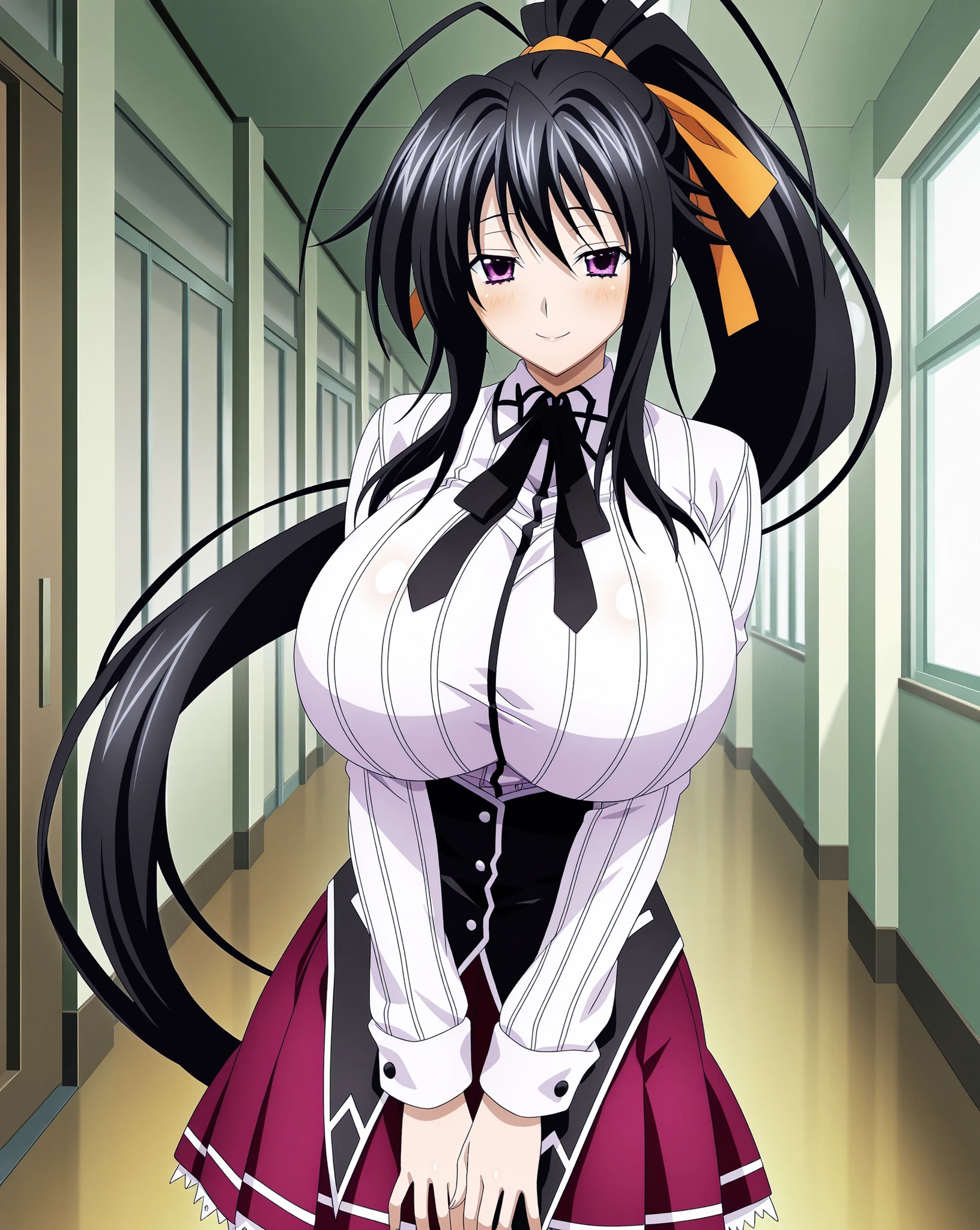 Anime girl in uniform posing in a hallway with a bow（himejima akeno ...