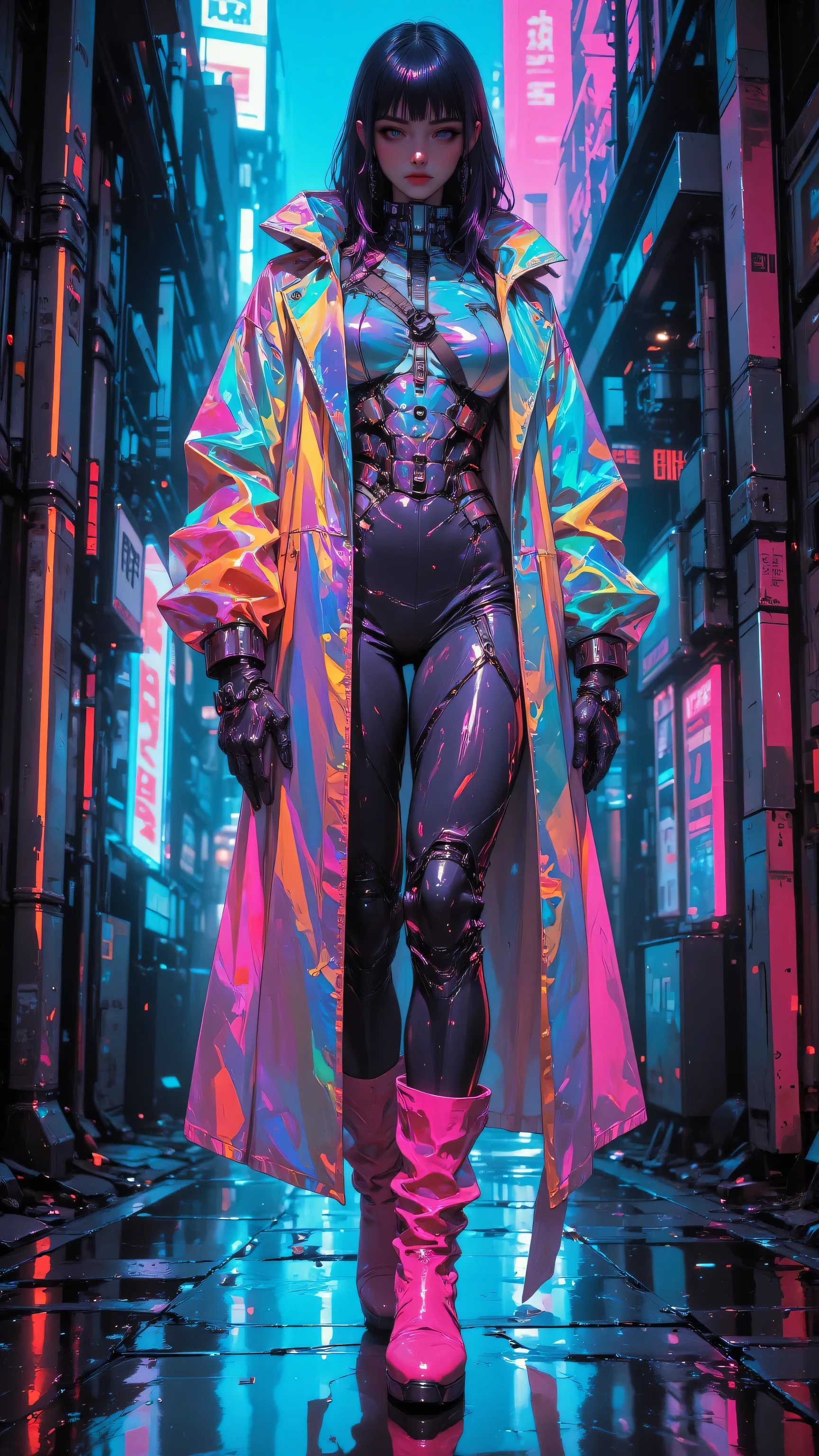 Arafed woman in a neon raincoat and boots walking down a city street ...