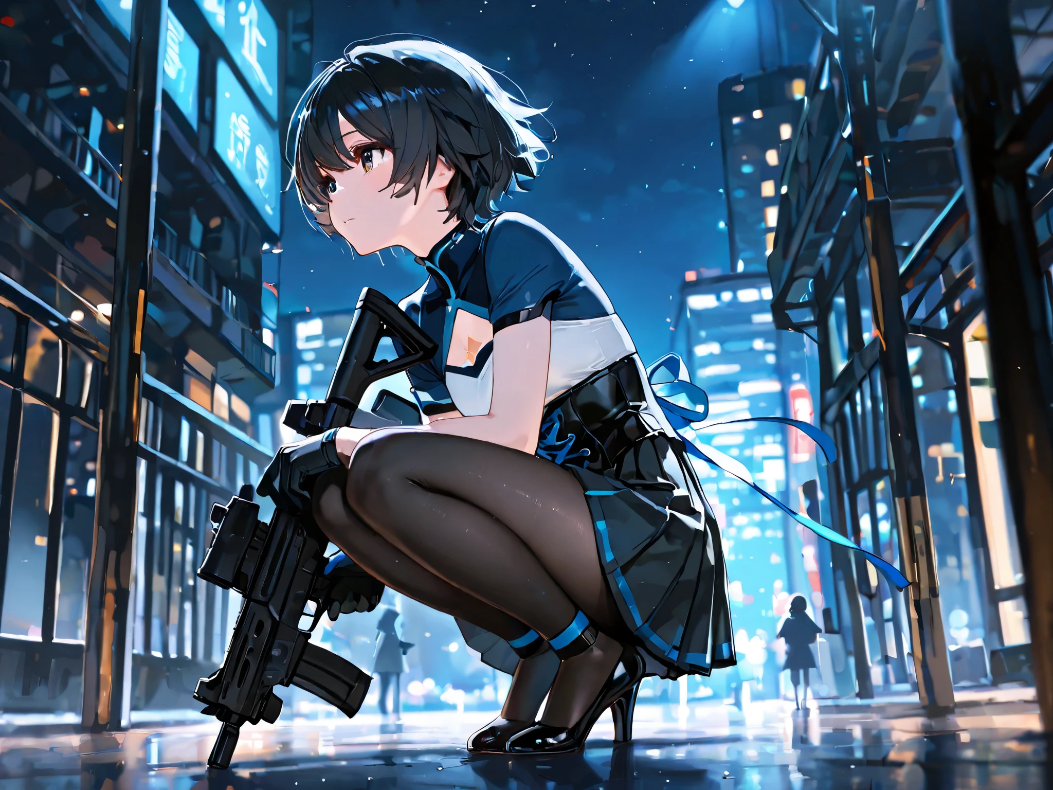 Anime girl kneeling down with a gun in her hand - SeaArt AI