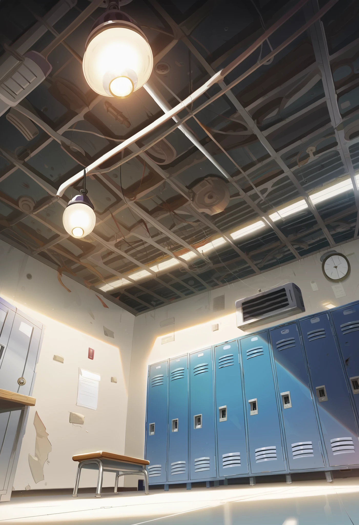 There are two blue lockers in a room with a clock on the wall - SeaArt AI