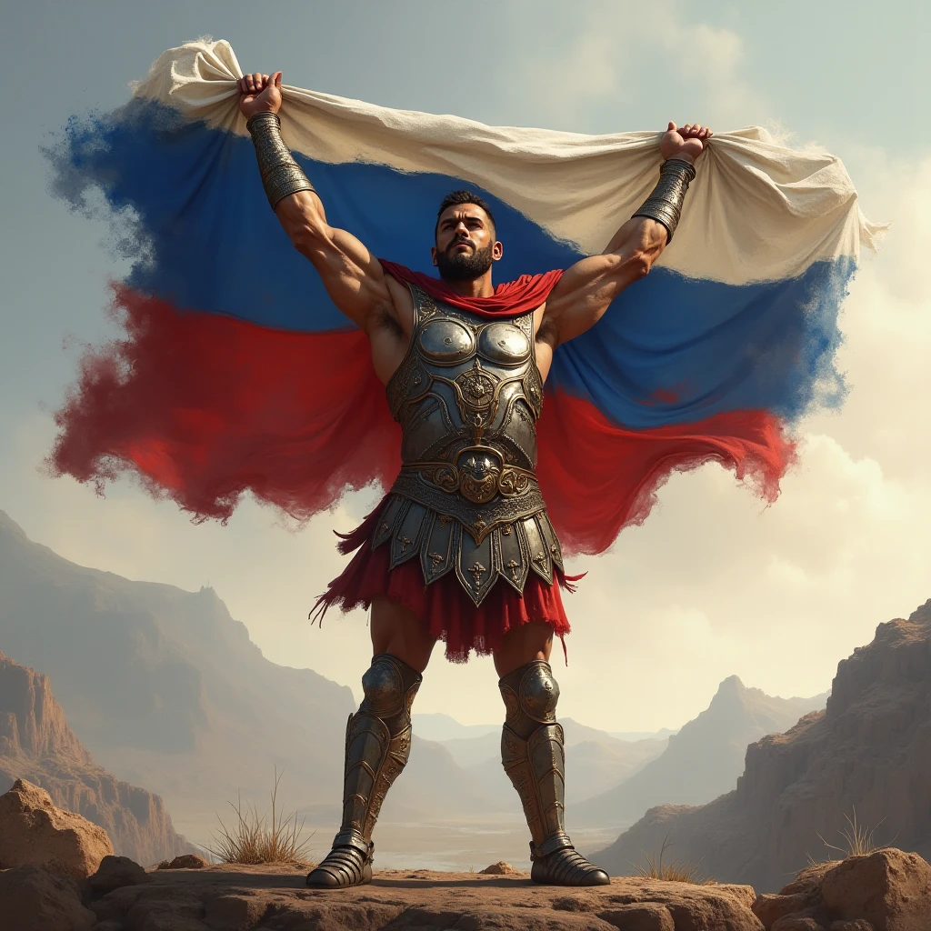 The gladiator stands at his full height and holds the Russian flag in ...