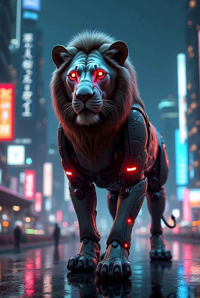 A realistic cyborg lion with bright red eyes, incorporating ...