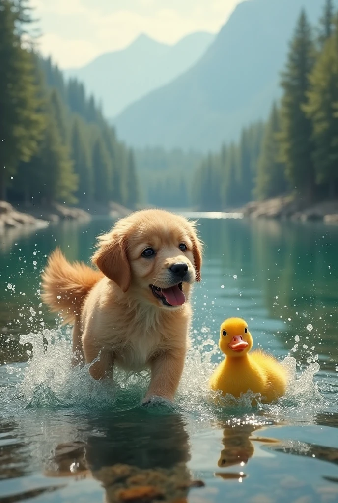 By the peaceful riverside, a fluffy baby dog and a cute baby duck are ...