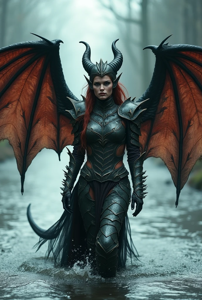 Human-dragon hybrid, furious woman with dragon wings and dragon horns ...