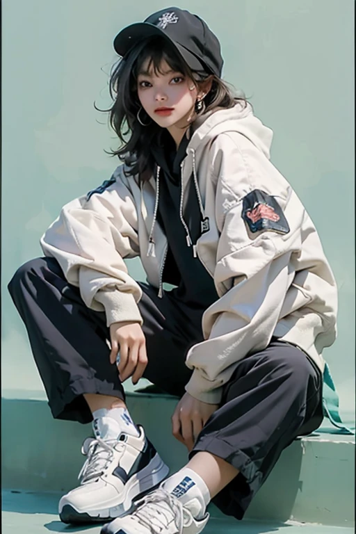 " A age woman in a casual style wearing a dark blue fluffy varsity ...