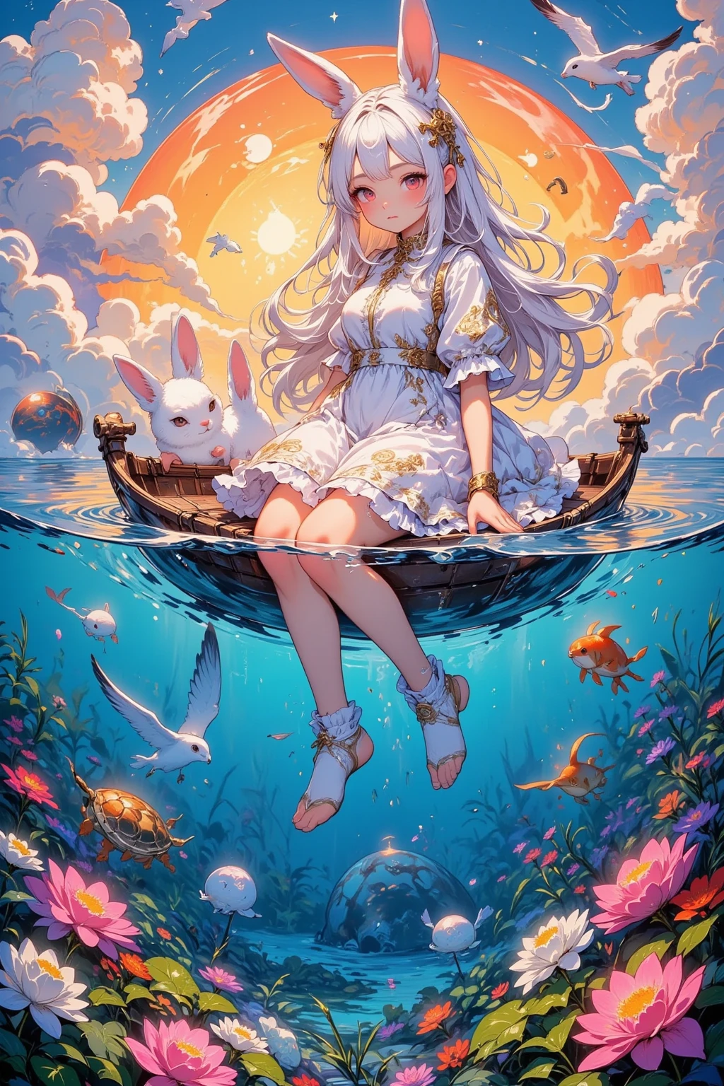 Rabbit girl sitting in a boat on the water, INNOCENT EXPRESSION - SeaArt AI