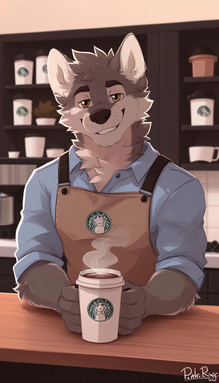 solo, Lobo, ropa de barista, mirándote , Dándote un café, sonriendo ...