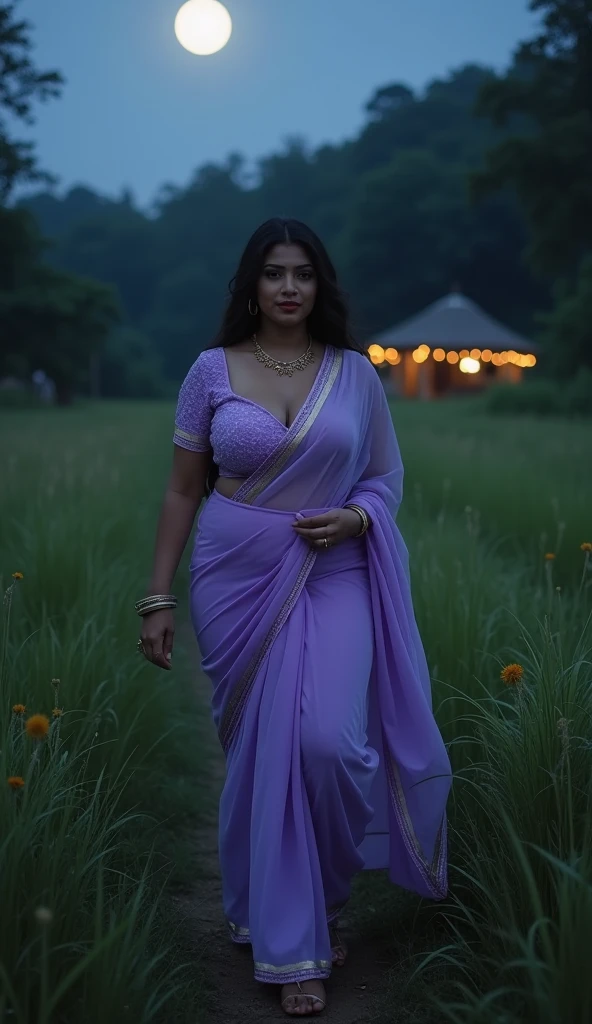 Front view a South Indian woman in a transparent light purple colour ...