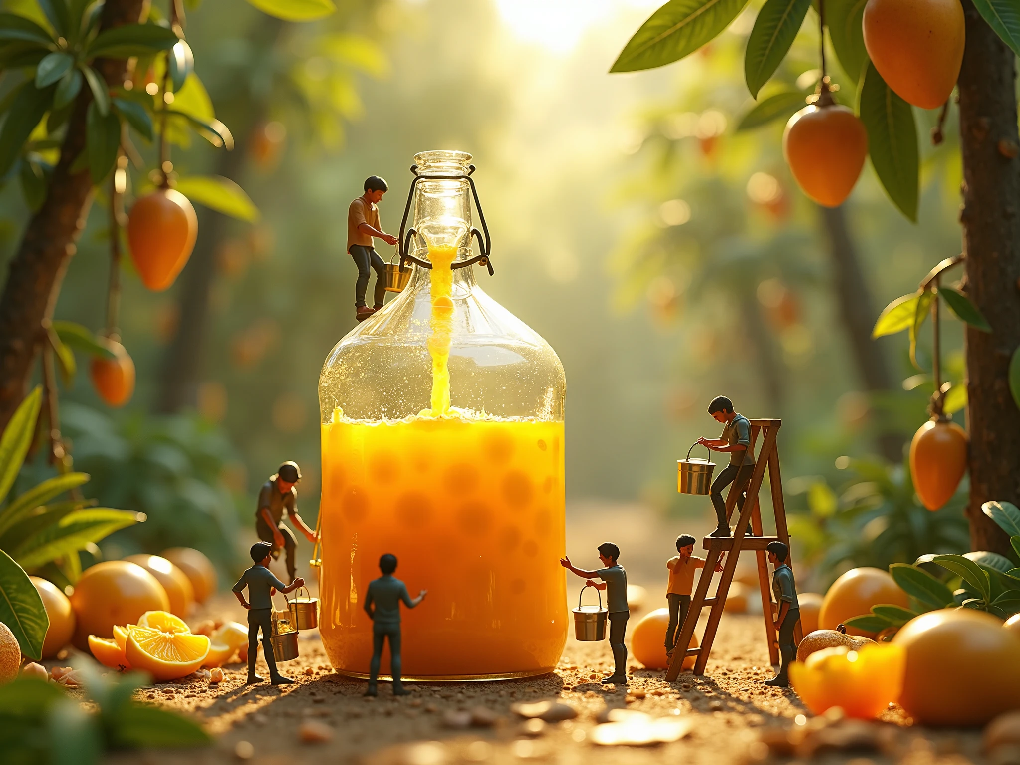 There are many figurines that are standing around a large bottle ...