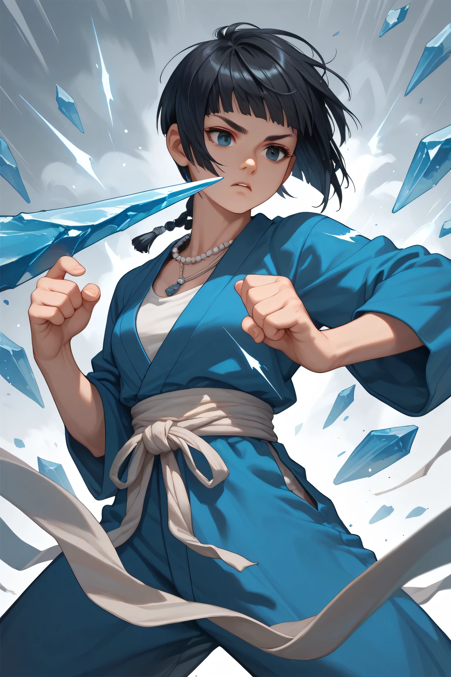 Anime character with blue outfit and sword in front of shattered glass ...