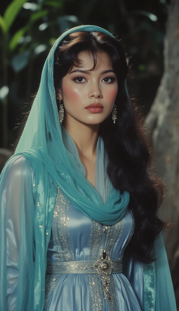 A Malay Princess Mayang Mengurai in Silver-Blue modest attire with ...