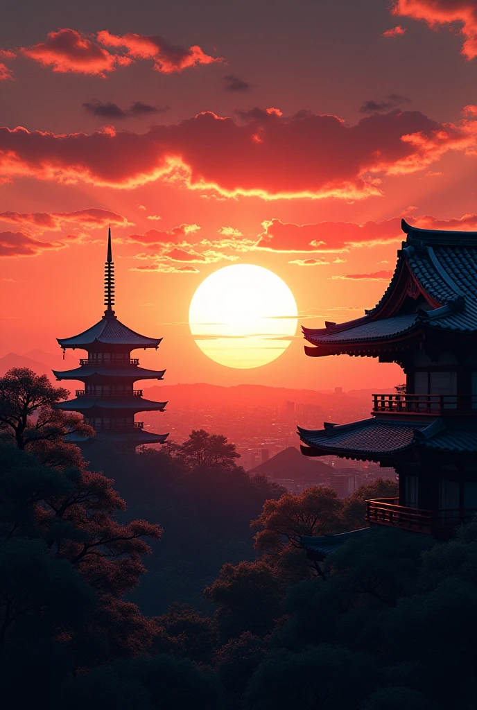 Create me an image of a sunset in Japan with you a black and white one ...