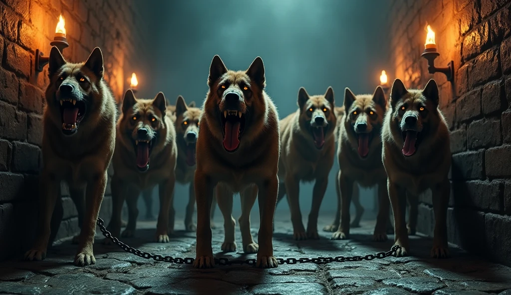 A Pack Of Ten Massive Muscular Hunting Dogs With Fierce Glowing Eyes