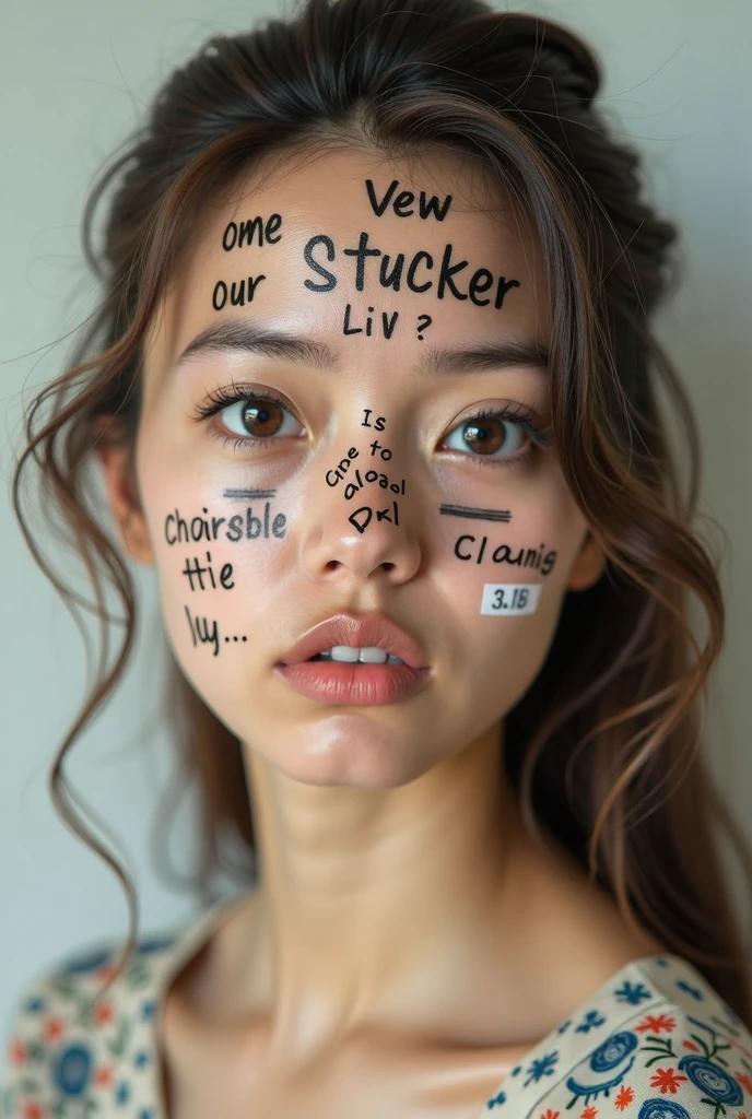 Write only this name WRONG LABELS on a forehead of a lady - SeaArt AI