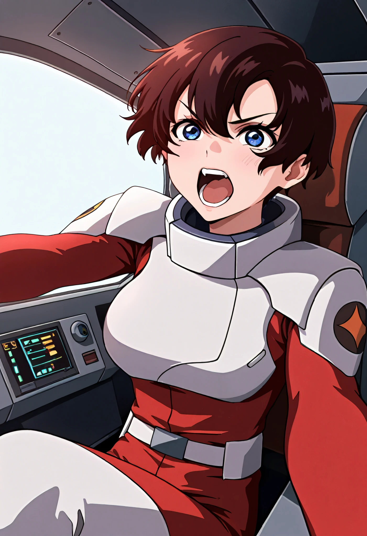 Anime girl in a red and white uniform sitting in a car - SeaArt AI