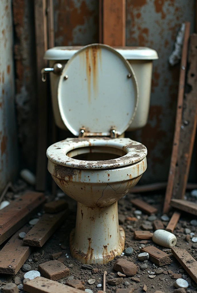Prompt for the First Part: "A close-up shot of an old, abandoned toilet ...