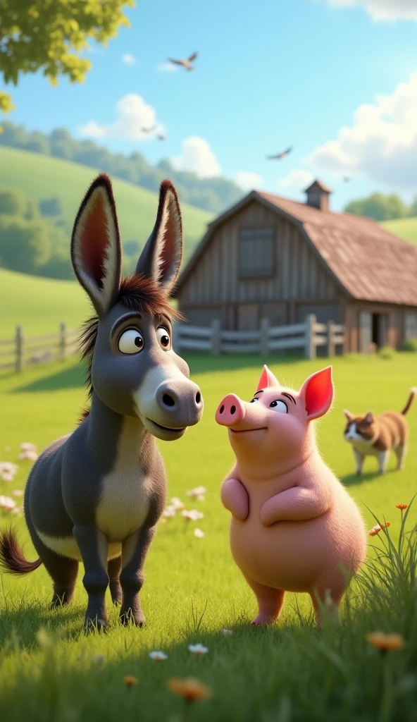 A donkey and a pig talk on a more realistic farm animals with Pixar ...